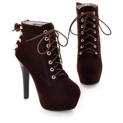 Red Suede High Heels Lace Up Ankle Boots on Luulla