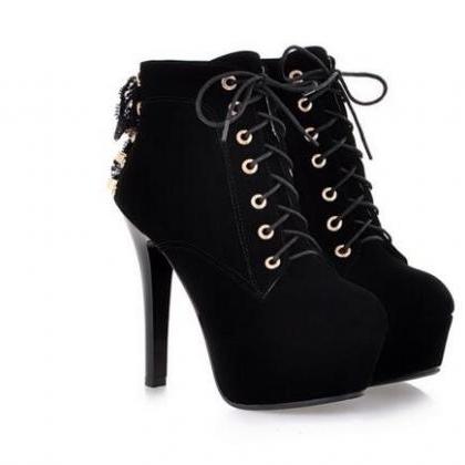 Red Suede High Heels Lace Up Ankle Boots on Luulla