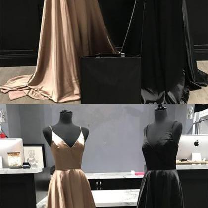 Spaghetti Straps V-neck Long Satin Prom Dresses Leg Split Evening Gowns ...