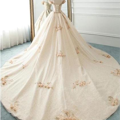 Princess Champagne Lace Off Shoulder Court Train Beaded Wedding Dress ...