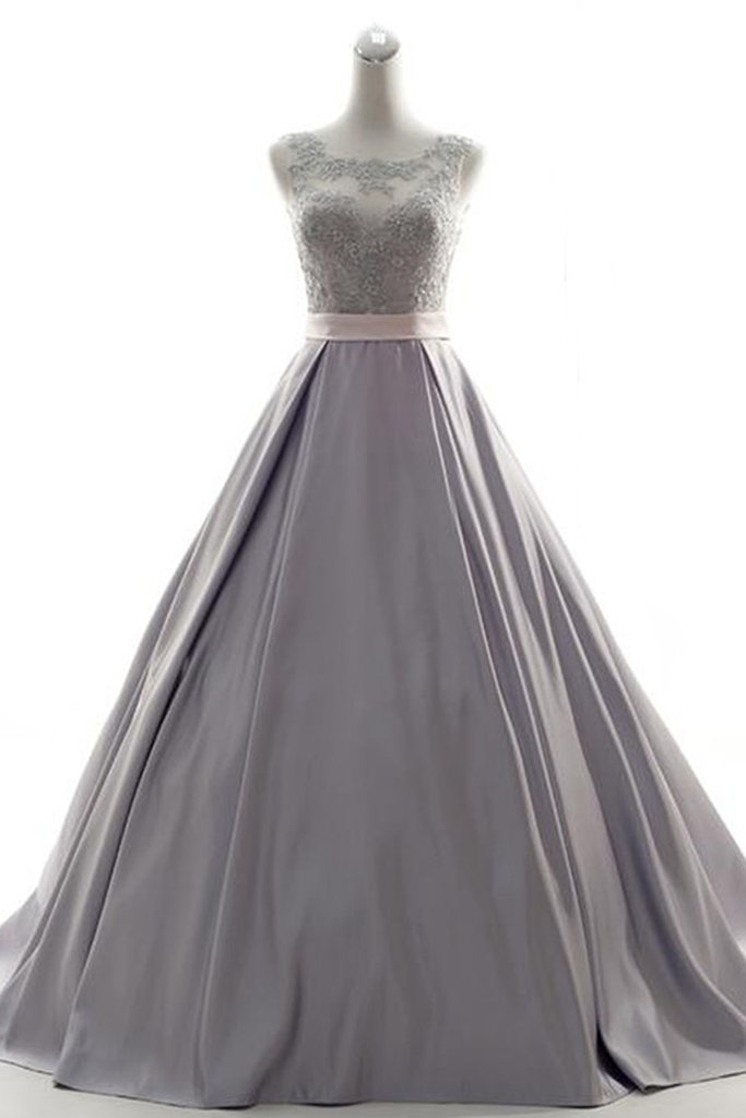 Sparkly Gray Satin Appliques Beaded Long Backless Prom Dress With Sash ...