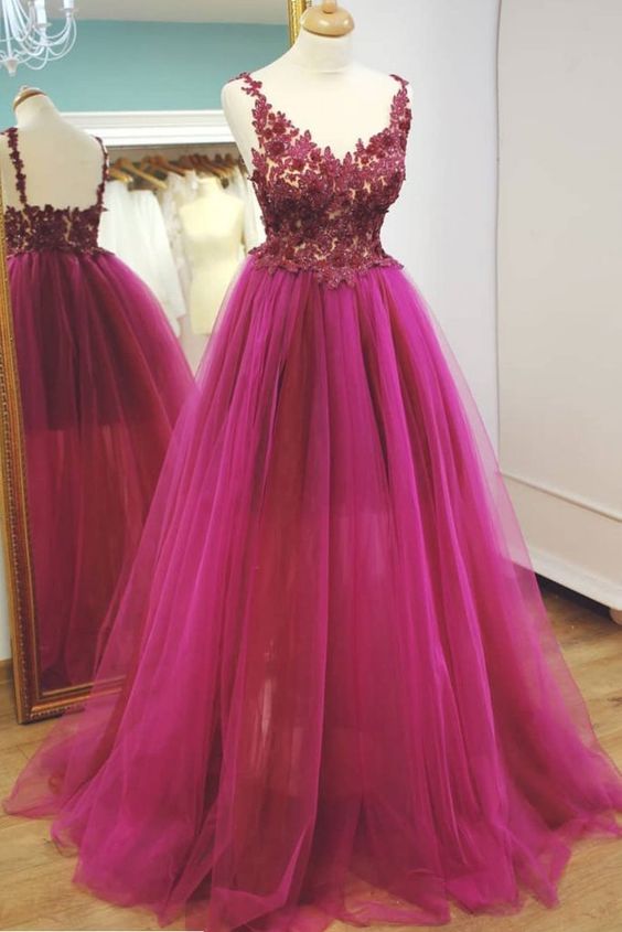 Long Tulle Prom Dresses,Formal Dress,Prom Dress, Lace Appliques Evening ...