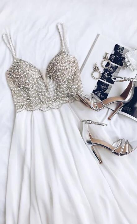White Prom Dress, Beaded Rhinestone Maxi Dress,charming Evening Dress,v ...