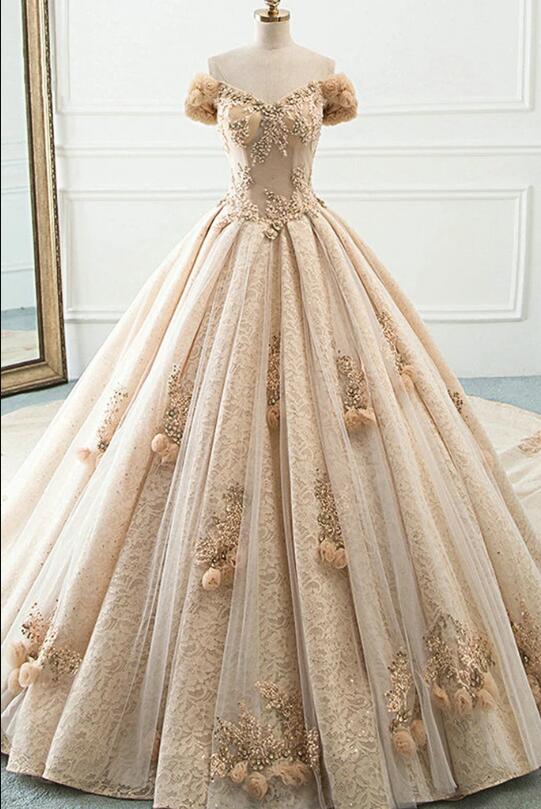 Princess Champagne Lace Off Shoulder Court Train Beaded Wedding Dress ...