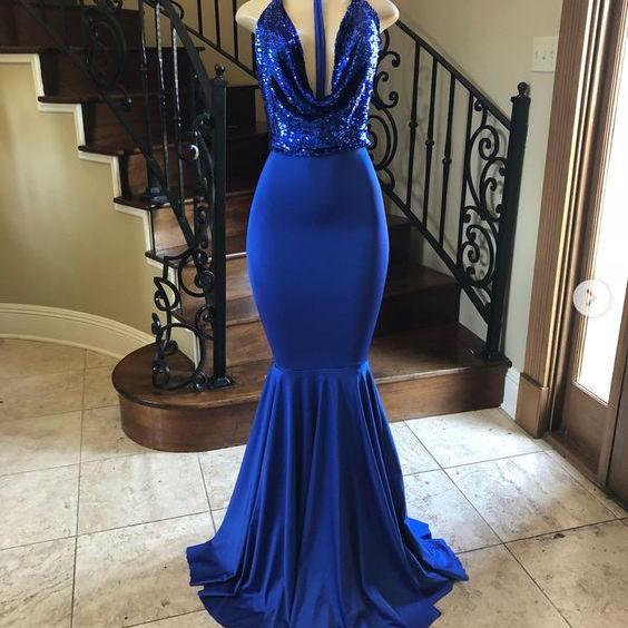 Halter Neck Mermaid Satin Prom Dress Royal Blue Long Chiffon Evening