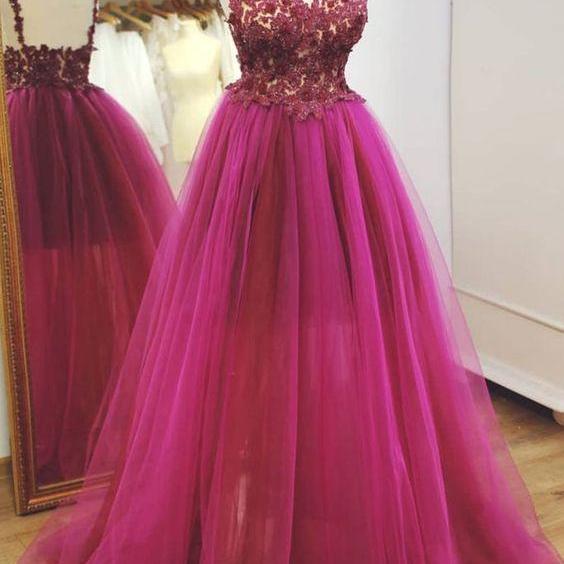 Long Tulle Prom Dresses,formal Dress,prom Dress, Lace Appliques Evening ...