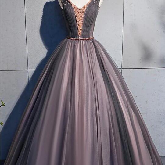Coffee Tulle Crystal Beaded Long Lace Up Prom Dress, Coffee Evening ...