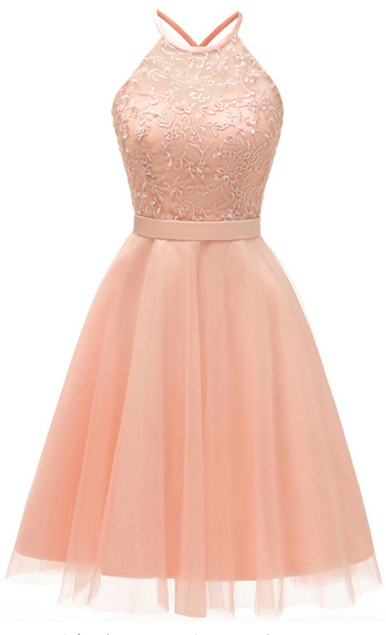 Sleeveless Lace Bodice Peach Party Dress on Luulla