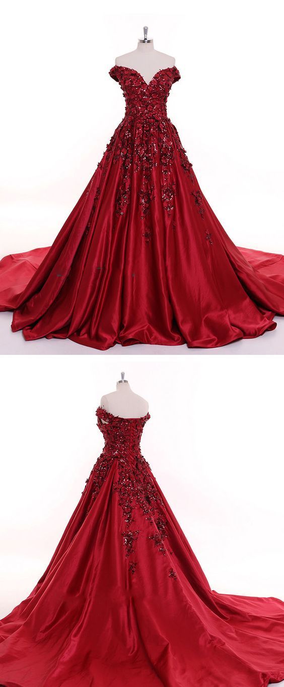 Dark Red Sequins Lace Flowers Off The Shoulder Formal Gown Women ...