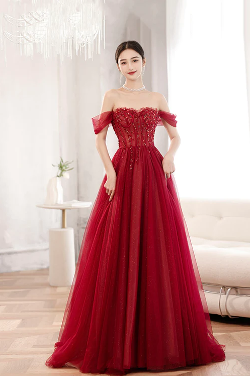 Off-shoulder Red Gown With Beaded Details on Luulla