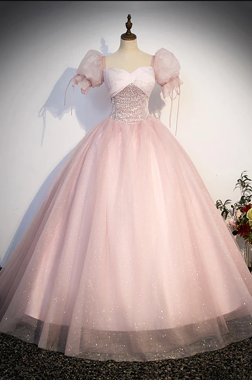 Pink Tulle Sequins Long Prom Dress, Lovely A-line Short Sleeve Evening ...