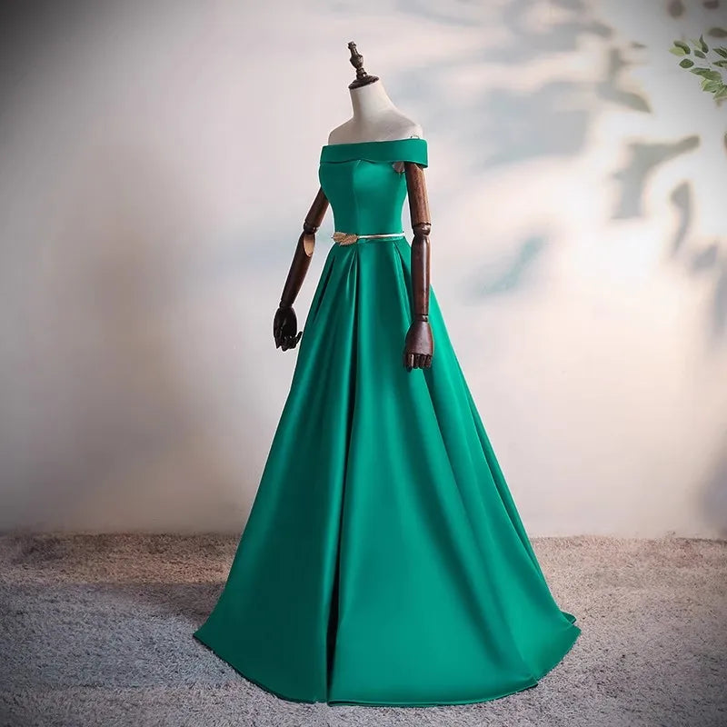 Off-shoulder Green Gown With Belted Waist on Luulla