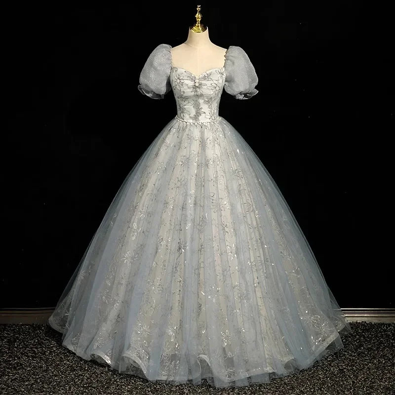 Sparkling Silver Gown With Puff Sleeves Design on Luulla