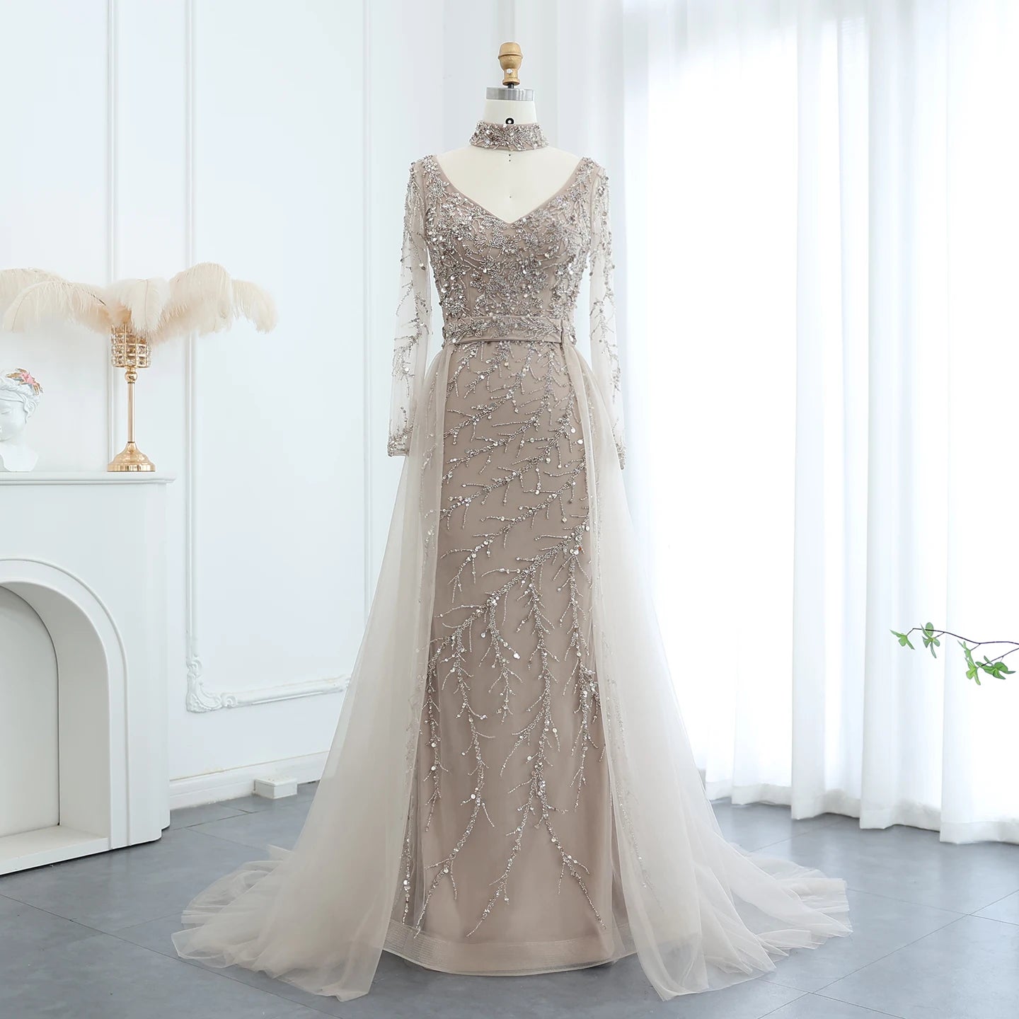 Stunning Beaded Gown With Sheer Sleeves Overlay on Luulla