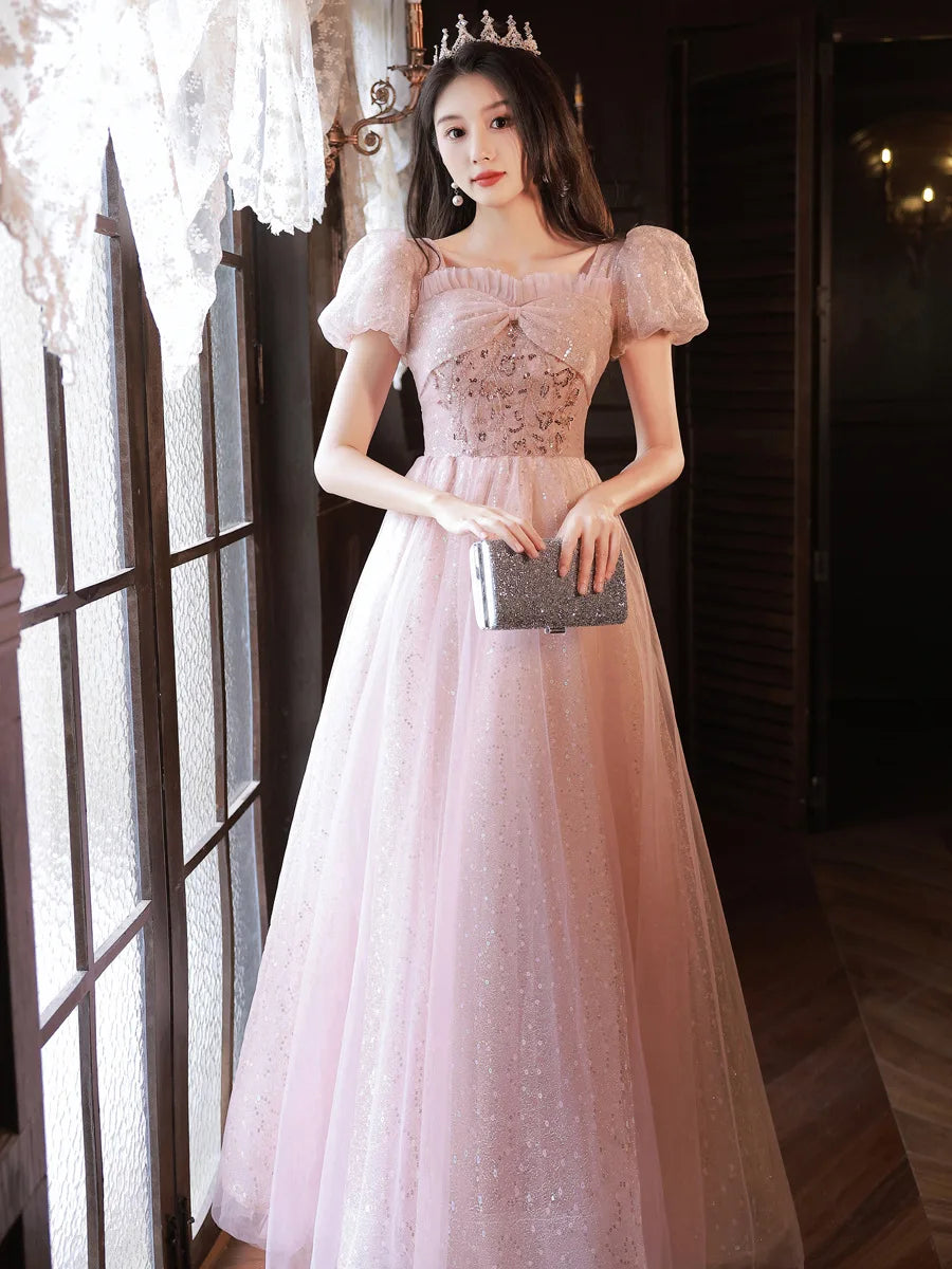 Vintage Pink Gown With Puff Sleeves Detailing on Luulla